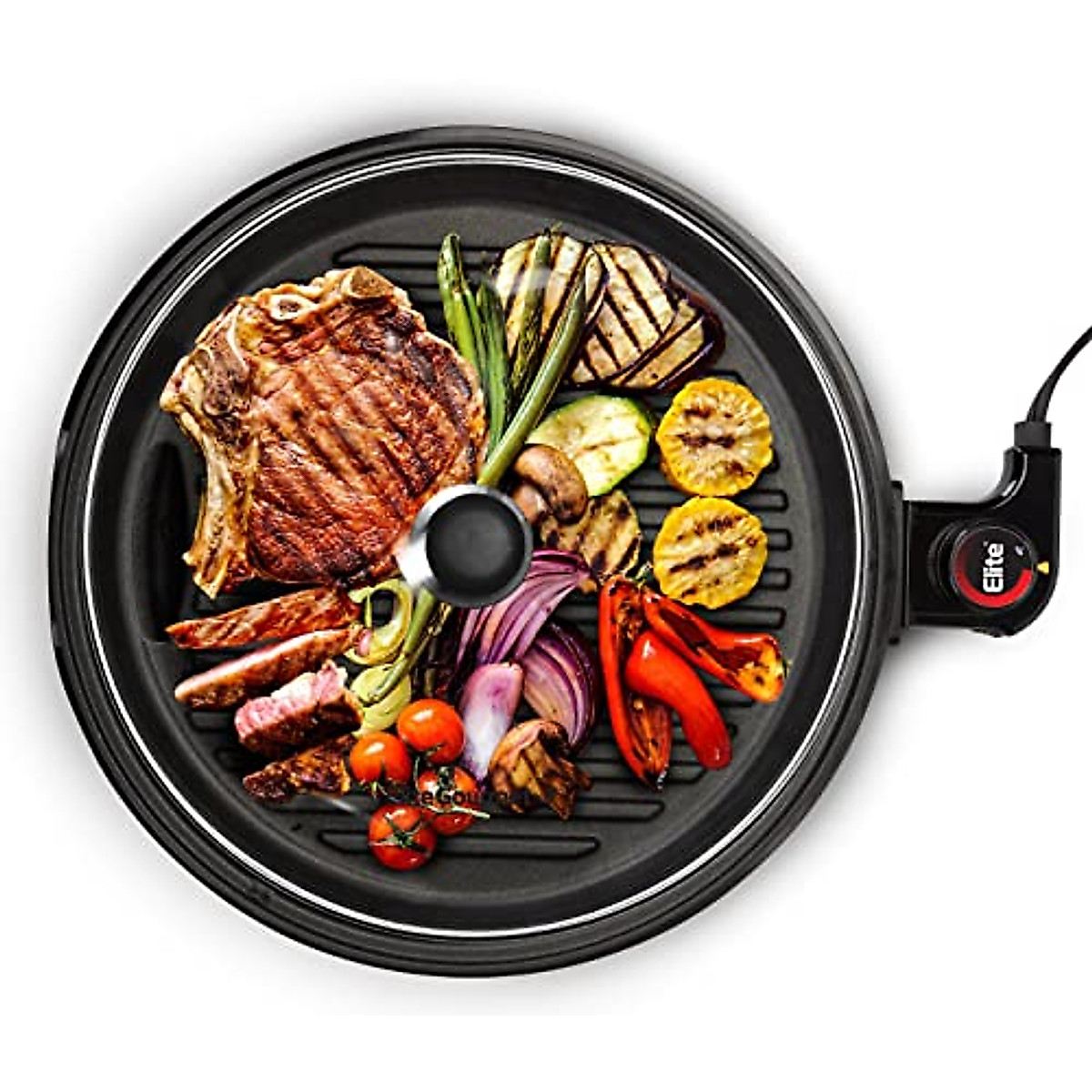 Elite Gourmet EMG6505G# Smokeless Indoor Electric BBQ Grill w/ Glass Lid, Dishwasher Safe, PFOA-Free Nonstick, Adjustable Temp, Fast Heat Up, Low-Fat Meals Easy to Clean, 12 Inch, Stainless