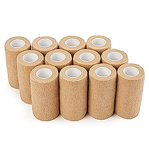 Self Adhesive Bandage Wrap 4 Inches X 5 Yards, 12 Pack of Pet Vet Wrap Cohesive Tape for First Aid, Sports, Horses, Dogs (Beige)