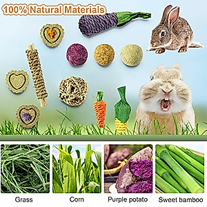 PD Bunny Chew Toys for Teeth, Natural Timothy Grass Small Animal Chew Toys, Mixed Grass and Molar Grass Cake and 2 Balls for Rabbits Chinchilla Hamsters Guinea Pigs Gerbils Groundhog Squirrels（14 pcs）