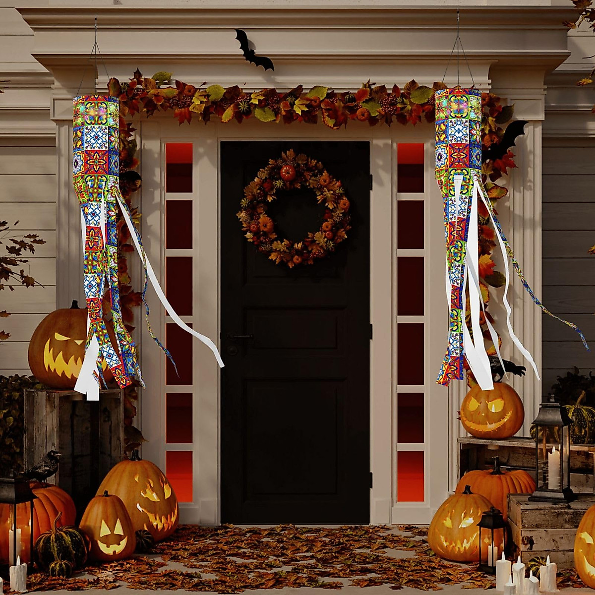 Mexican Talavera Ceramic Tile Halloween Windsocks Flag 40 Inch Flag Wind Socks Outdoor Hanging Decoration Halloween Decorations Halloween Decor Outdoor for Home Yard Patio with Led Light
