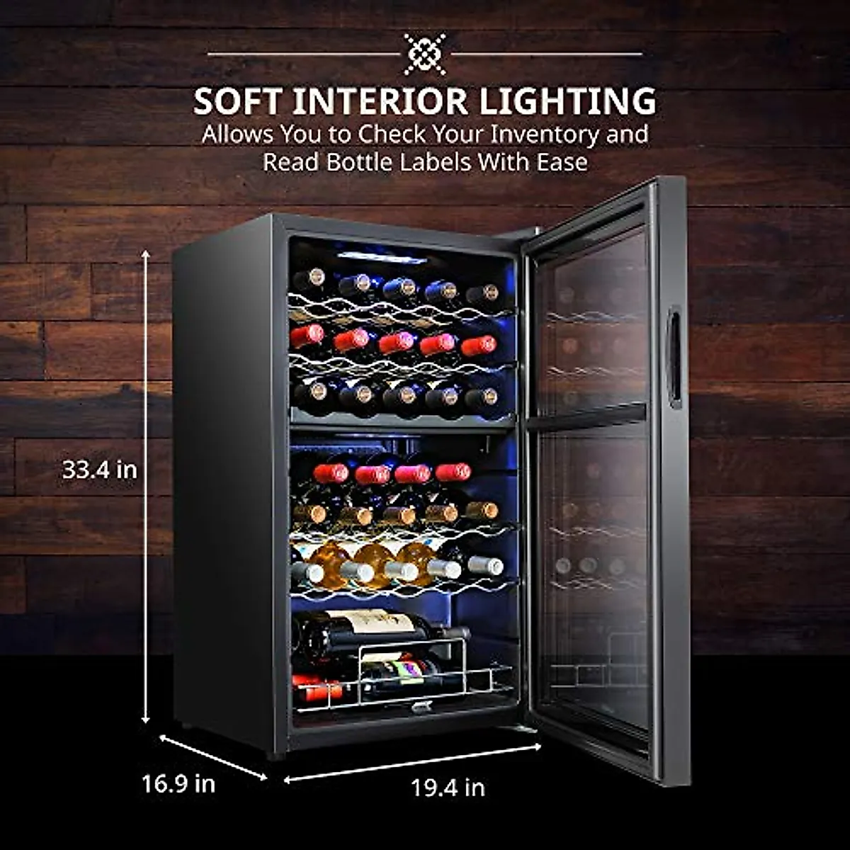Ivation 33 Bottle Dual Zone Wine Cooler Refrigerator w/Lock | Large Freestanding Wine Cellar For Red, White, Champagne & Sparkling Wine | 41f-64f Digital Temperature Control Fridge Glass Door Black