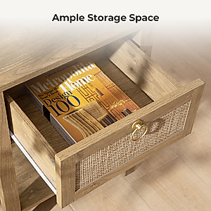 SICOTAS Nightstand Set of 2 - Rattan Decor Drawer with Brass Knobs Night Stand Bedside Table Boho End Tables Side Tables with Storage Shelf for Bedroom, Small Space