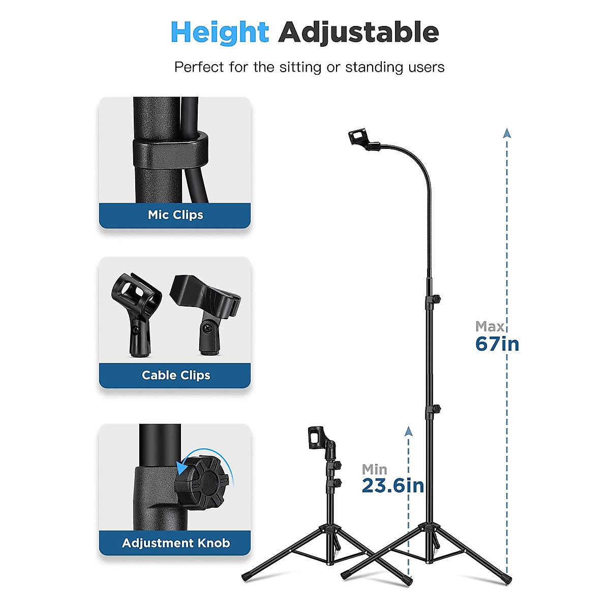 Mic Stand, Bietrun Metal Gooseneck Boom Arm Mic Stand Tripod, Height＆360° Adjustable, with Carrying Bag & 2 Mic Clips,Compatible with Wireless Mic＆Wired Mics for Singing/Wedding/Church/Stage/Party