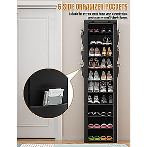 NiHome 10-Tier Tall Shoe Rack with Dustproof Waterproof Cover, Compact Narrow Shoe Rack Free Standing Shoe Storage Organizer for Closet Entryway, Metal Structure Vertical Shoe Shelf Tower, Black