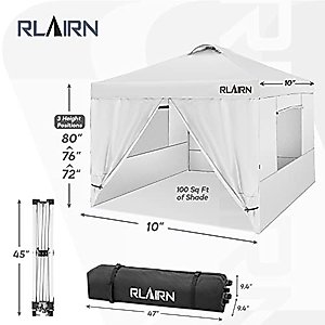 Ez Pop Up Canopy Tent, RLAIRN 10'X10' Waterproof Instant Gazebo Canopy with 3 Adjustable Height and 4 Removable Sidewalls, UPF50+ Folding Instant Pop Up Gazebo Canopy Shade Tent with Mesh Windows
