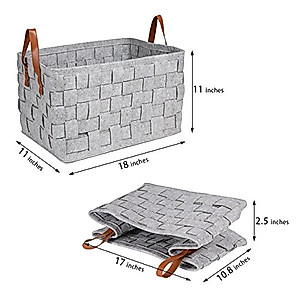 Felt Storage Baskets Organizer, Home Decoration Fabric Folding Knitted Organizers Box Cubes with Leather Handles (Rectangle-Lightgary)