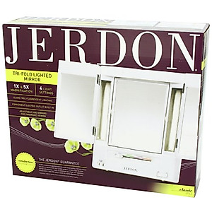 JERDON Tri-Fold Two-Sided Makeup Mirror with Lights - Vanity Mirror with 5X Magnification & Multiple Light Settings - White Base - Model JGL9W