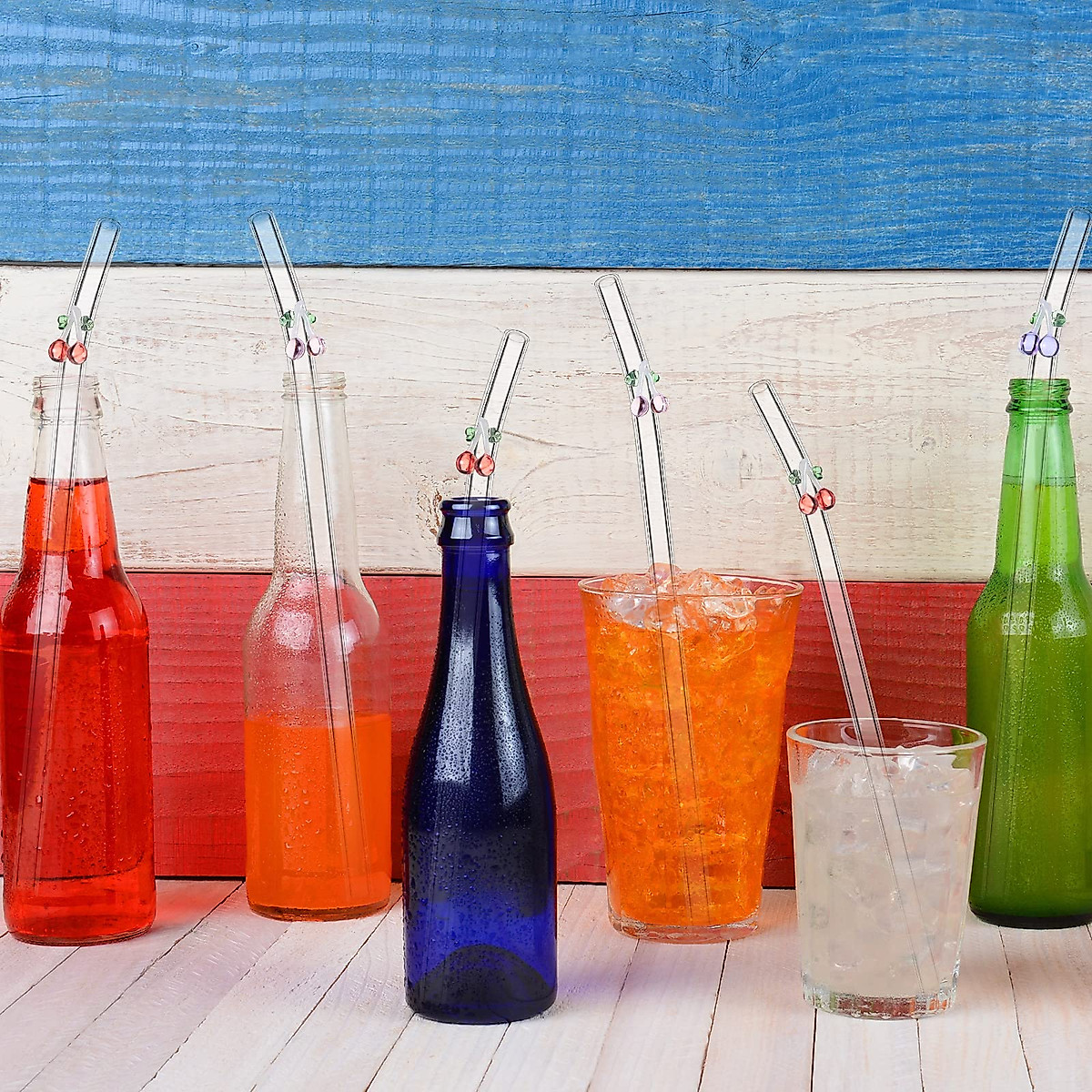 9 Pcs Reusable Glass Straws with Design 8 mm x 7.9 Inch Colorful Cherry on Clear Straw Bent Glass Cherry Straws with Cleaning Brush for Cocktail Juice Shakes Beverages Cocktails