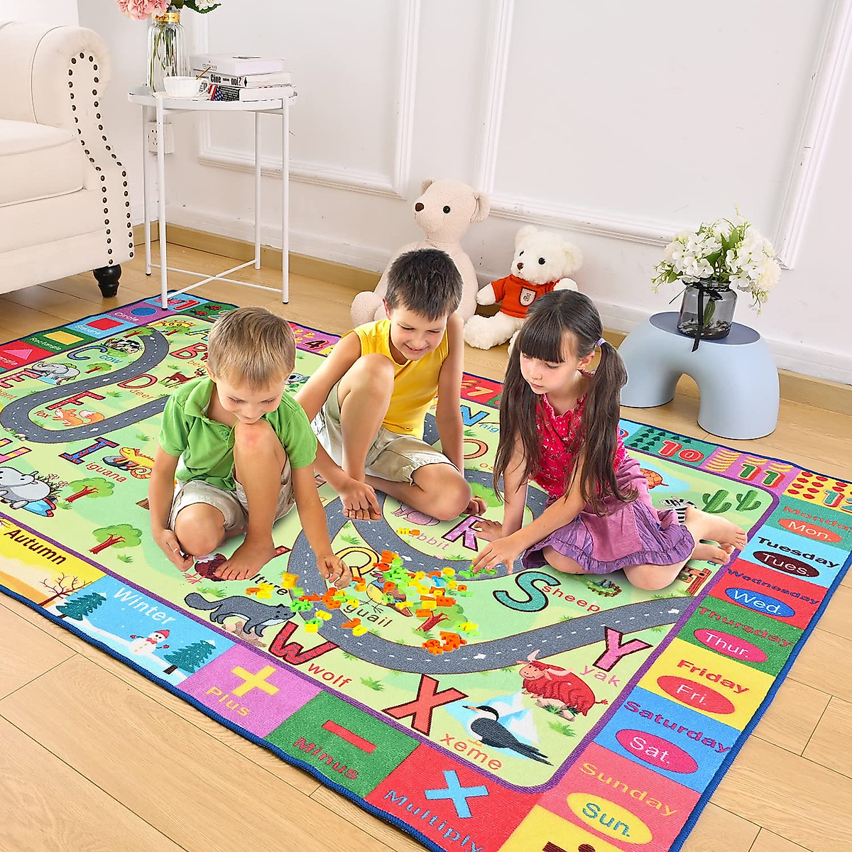 Terrug Kids Rugs for Playroom, Educational Classroom Rug for Kids Room, Washable Nursery Rug Carpet Non Slip Playroom Rug Play Mat for Learning ABC Rug, Numbers, Animal, Colors, Season, 4X6 Feet