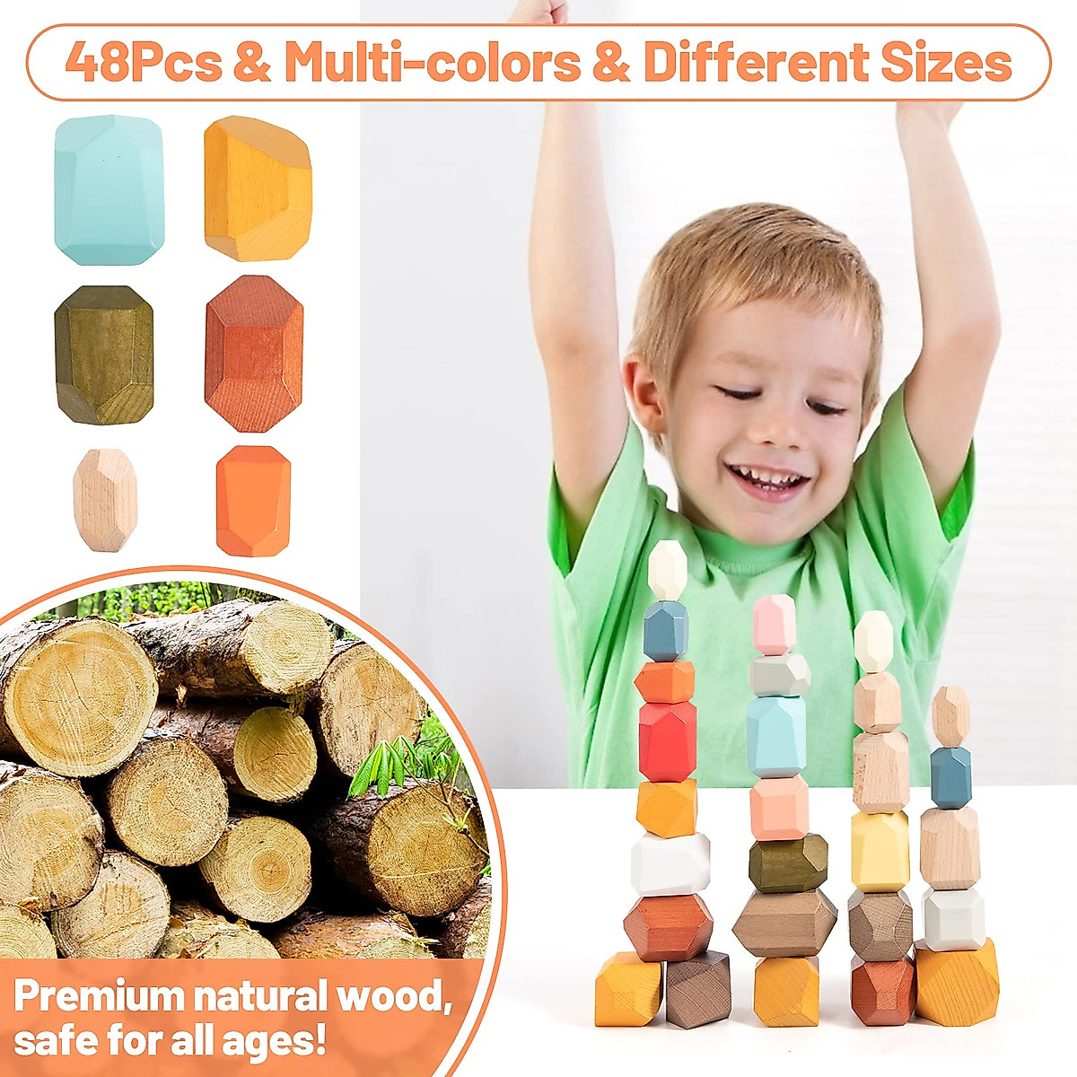 48 Pcs Wooden Stacking Stones- Building Sorting Rocks Balancing Wooden Blocks Preschool Educational Learning Toy for Kids Toddlers 3 4 5 6 Years Old