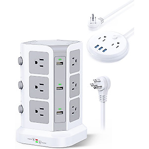 Surge Protector Tower 12 AC Outlets 6 USB Ports + Small Power Strip 2 AC Outlets 3 USBs