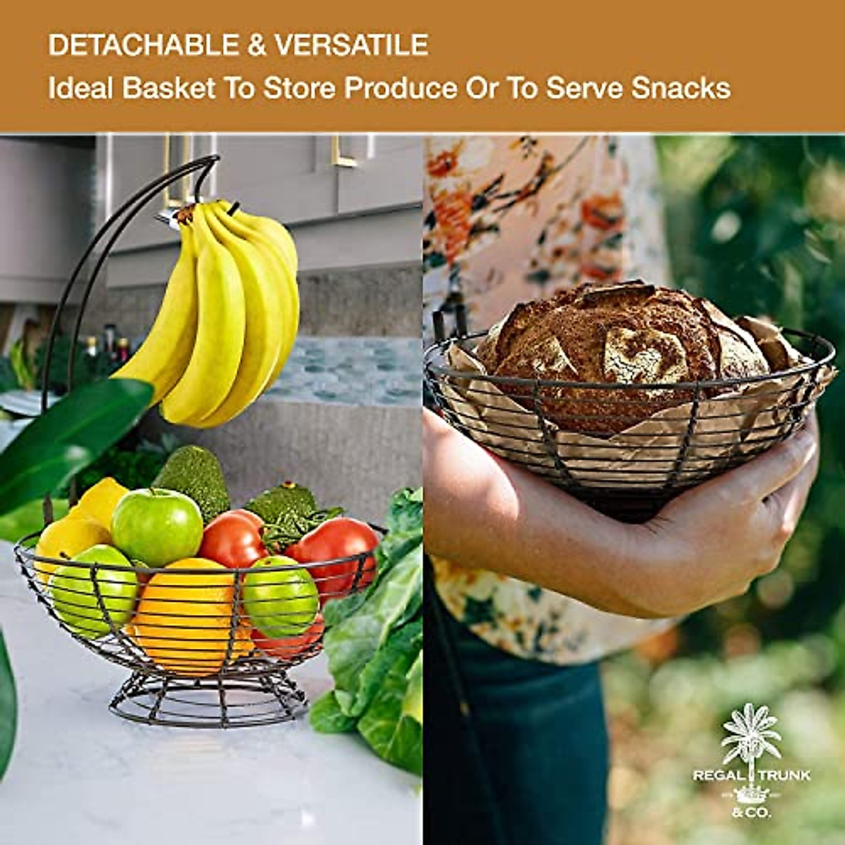 REGAL TRUNK & CO. Fruit Basket for Kitchen, 16.5 Rustic French Farmhouse Black Fruit Bowl with Removable Banana Holder Basket, Ideal to Store your Fruit & Vegetable, Medium Size, Birthday Gift