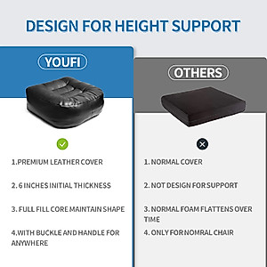 YOUFi Leather Seat Cushion Extra-Thick Booster - Perfect for Office Chair to Rise Height - Full Filling for Support - with Breathable Cover, Handle and Buckle - Relieves Back Pain – 18"x16"x6"