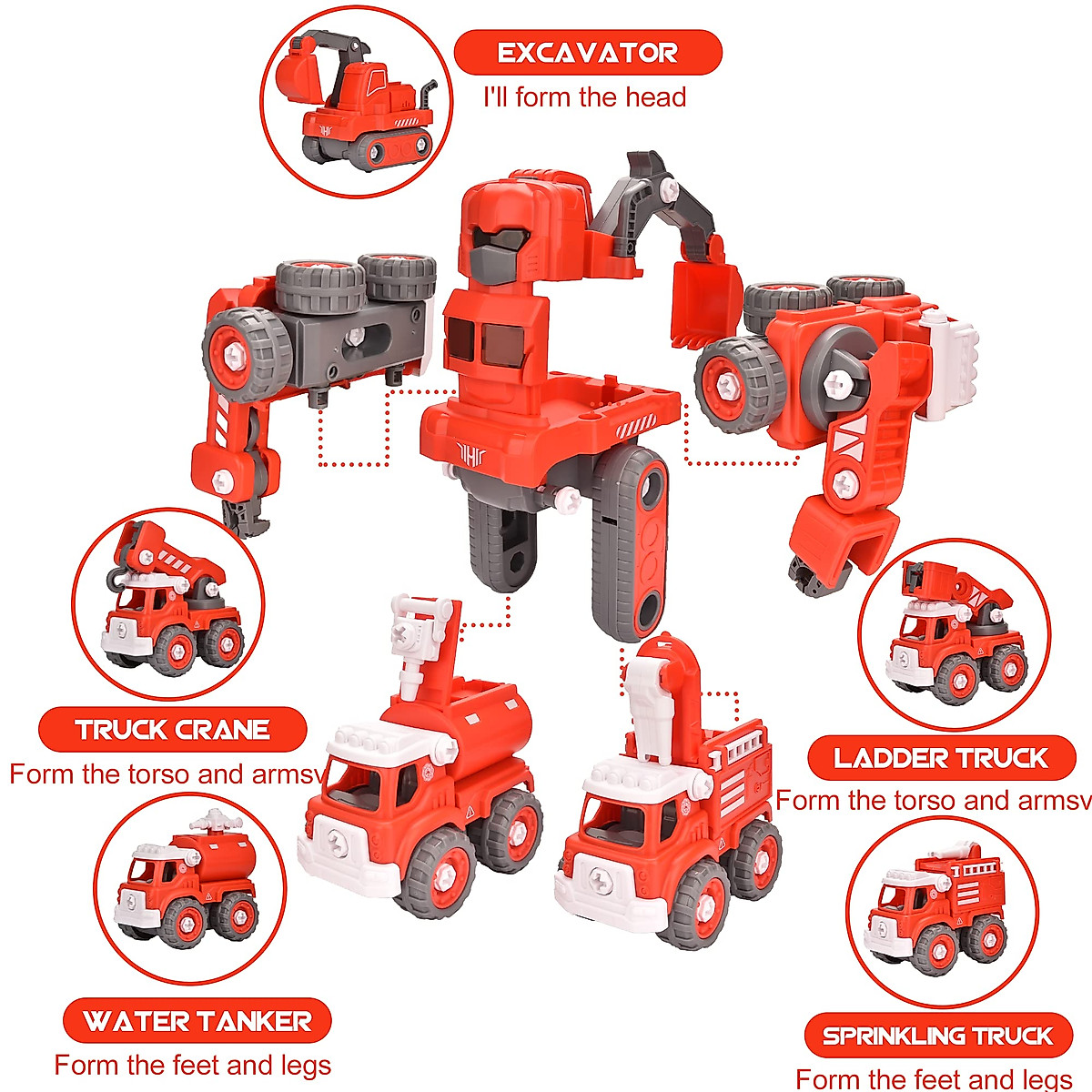 Doahurry Fire Truck Toy Take Apart Robot Transformers Toys 5 in 1 Construction Vehicle Comes with a Electric Drill, Assembly Robot Building Toy Crane Toy Kids Ages 4-12 Birthday (Red)