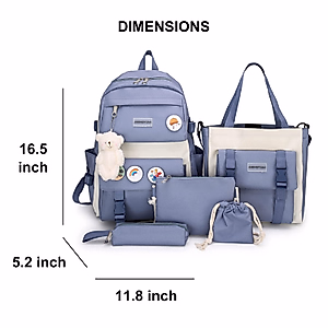 AONUOWE 5pcs Aesthetic Backpack Set for School Teens Girls Daypack Cute Trendy Large Capacity Preppy Shoulder Bag (Blue)