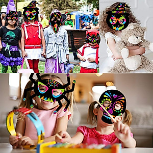 24 Pack Magic Scratch Paper Art Masks Set for Kids Rainbow Painting DIY Crafts Black Supplies Coloring Kits for Halloween Birthday Party Favors Creative Gift Bat Pumpkin Spider Wizard Hat Skull Ghost