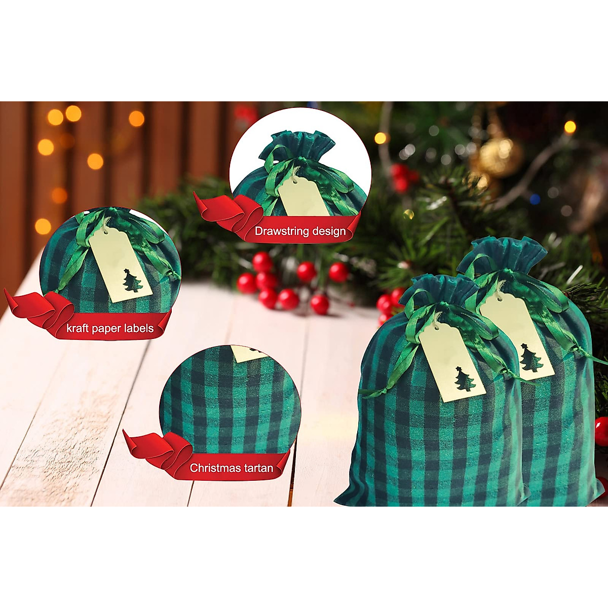 Eylola 6 Pieces 11.8 x 15.7 inch Christmas Buffalo Plaid Drawstring Bag Cotton Xmas Bag Plaid Present Bag Christmas Santa Sack Xmas Stocking Bag Party Supplies (Green and Black)