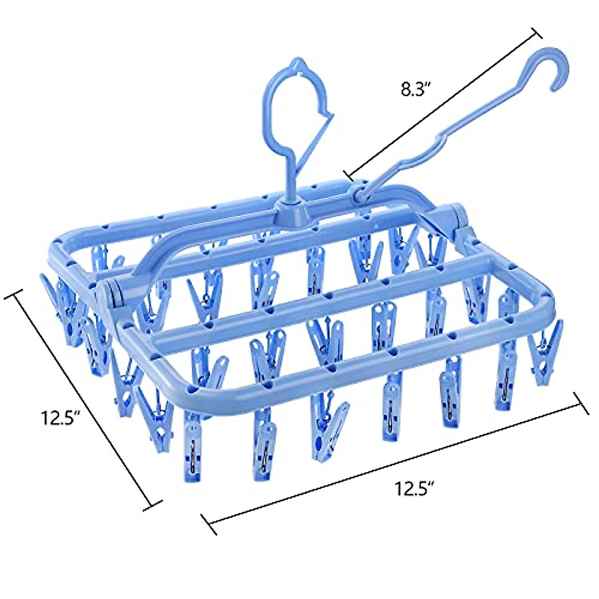 ZENFUN 3 Pack Foldable Laundry Hanger Drying Rack with 32 Clips, Plastic Laundry Clips and Drip Drying Hanger for Socks, Underwears, Towel, Scarf, Side Hanging, Anti-Wind, Blue