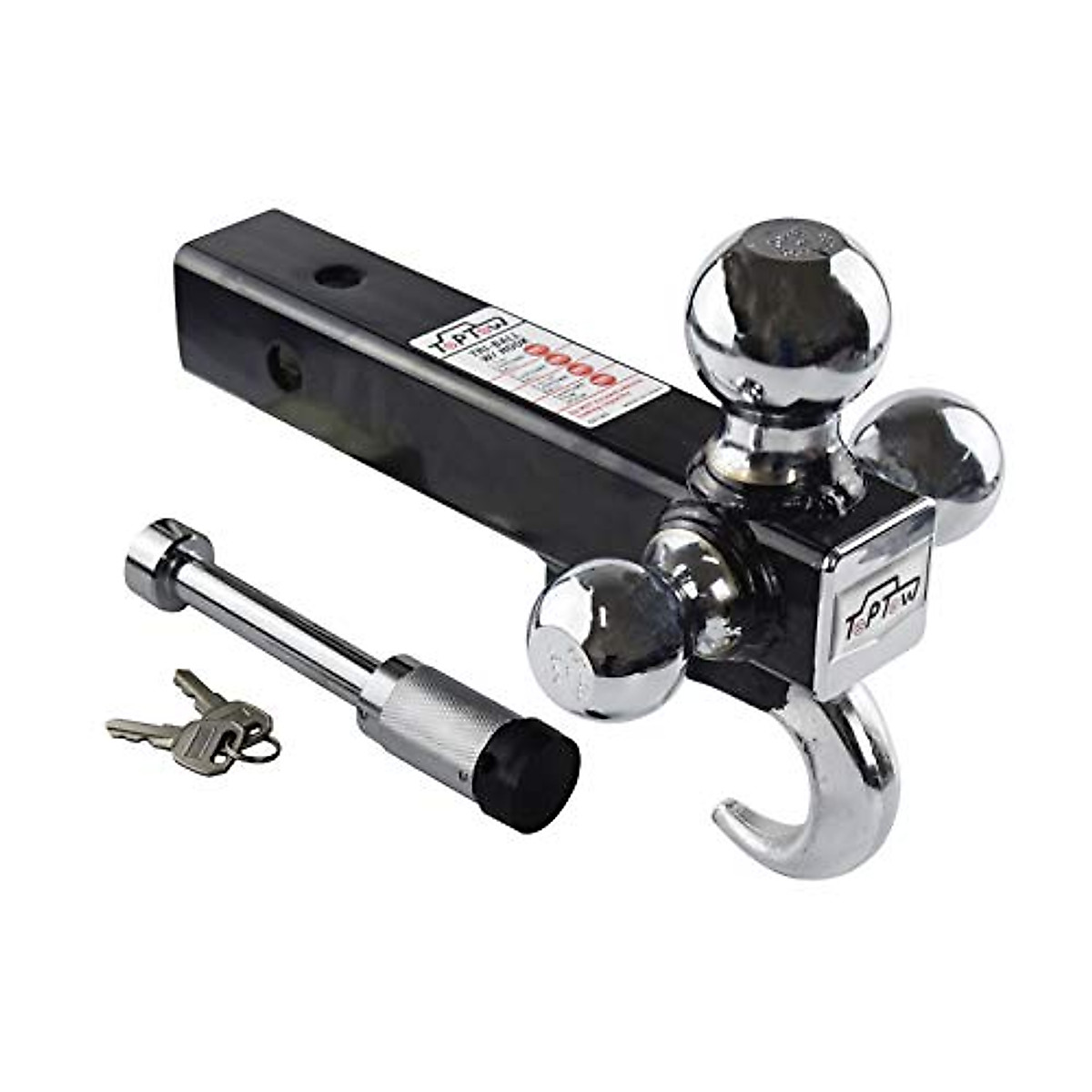 TOPTOW 64180L Trailer Receiver Hitch Triple Ball Mount with Hook, Fits for 2 inch Receiver, Chrome Balls, 2 inch Shank, with 5/8 inch Lock