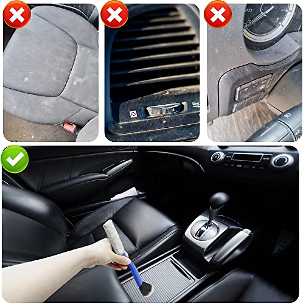 2 Pcs Double Head Brush for Car Cleaning, Portable Car Interior Detailing Brush Car Dust Brush, Auto Detail Brush Exterior Soft Bristles Car Seat Brush for Cleaning Air Vent Dashboard (Blue & Black)