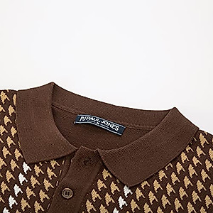 PJ PAUL JONES Retro Knitted Polo Shirt for Men 1950s Houndstooths Shirt Short Sleeve Button Down Knit Polos Knit Light Coffee S