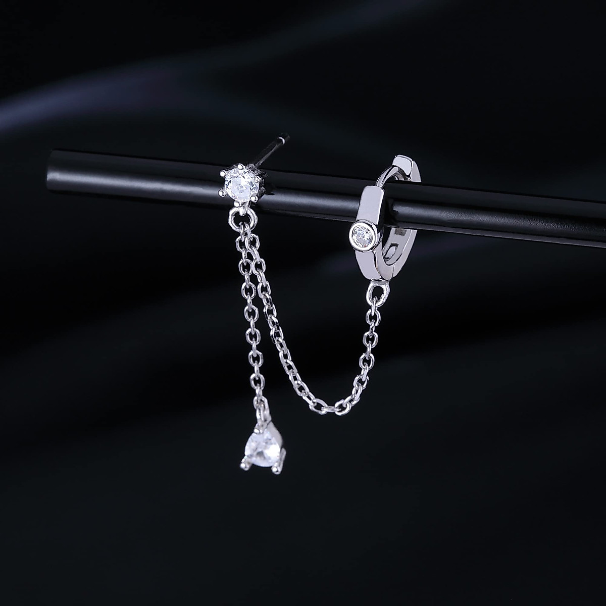 SLUYNZ 925 Sterling Silver Double Piercing Earrings Huggie Cuff Droplet Chain for Women Teens Double Holes Dangle Earrings Cartilage Helix Piercing Earrings Chain (A-Silver)