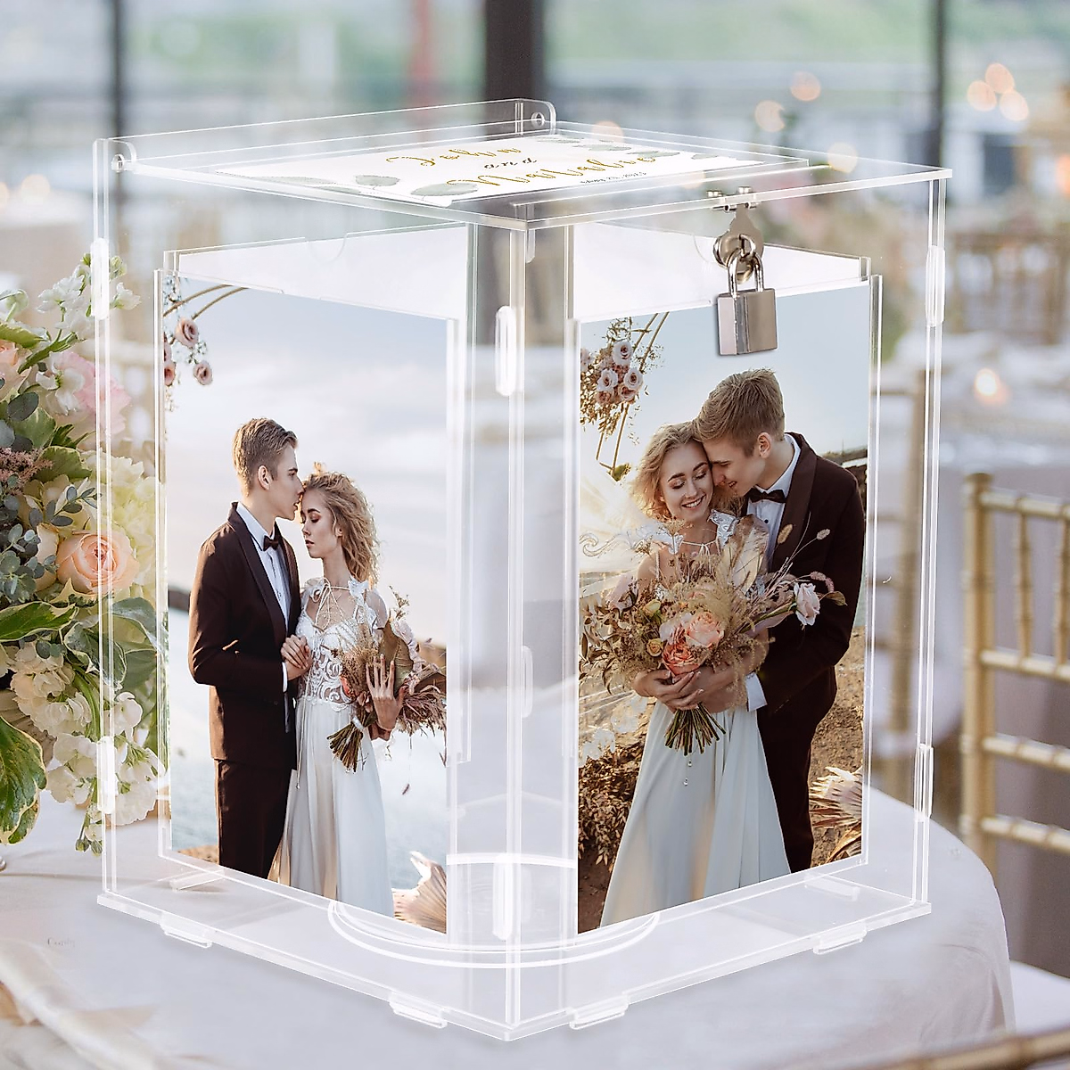 CYAOOI Acrylic Wedding Card Box with Picture Frame, Clear Gift Card Box for Wedding Reception, Large Rotatable Money Envelope Card Box Holder with Lock for Graduation Party Birthday Baby Shower