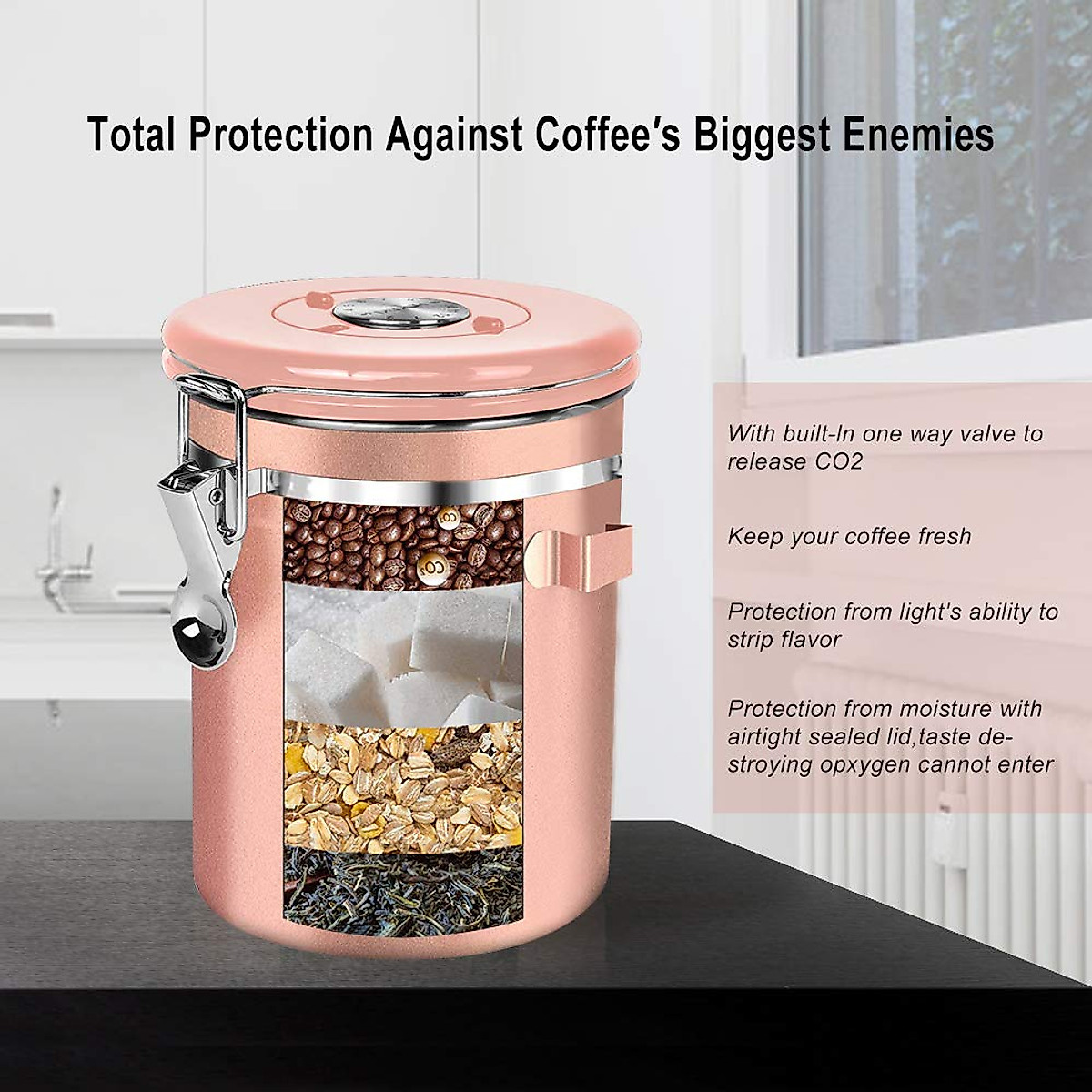 NEX Coffee Canister, 22oz Airtight Stainless Steel Coffee Kitchen Food Storage Container with Scoop, Date Tracker and CO2 Release Valve for Beans, Ground, Tea, Flour, Cereal, Sugar, Rose Gold