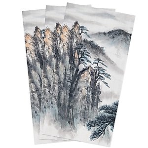 3 PCS Kitchen Towels with Hanging Loop Super Absorbent Soft Dish Towels Chinese Painting Print Tea Hand Towels Drying Cleaning Asian Mountain Range Landscape Nature Trees Sketchy Illustration,