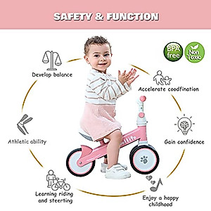 JOLLITO Baby Balance Bike, Adjustable Toddler Bicycle 12-24 Months, Best Birthday Gifts Toys for 1 Year Old Boys Girls, 3 Wheel, Pink