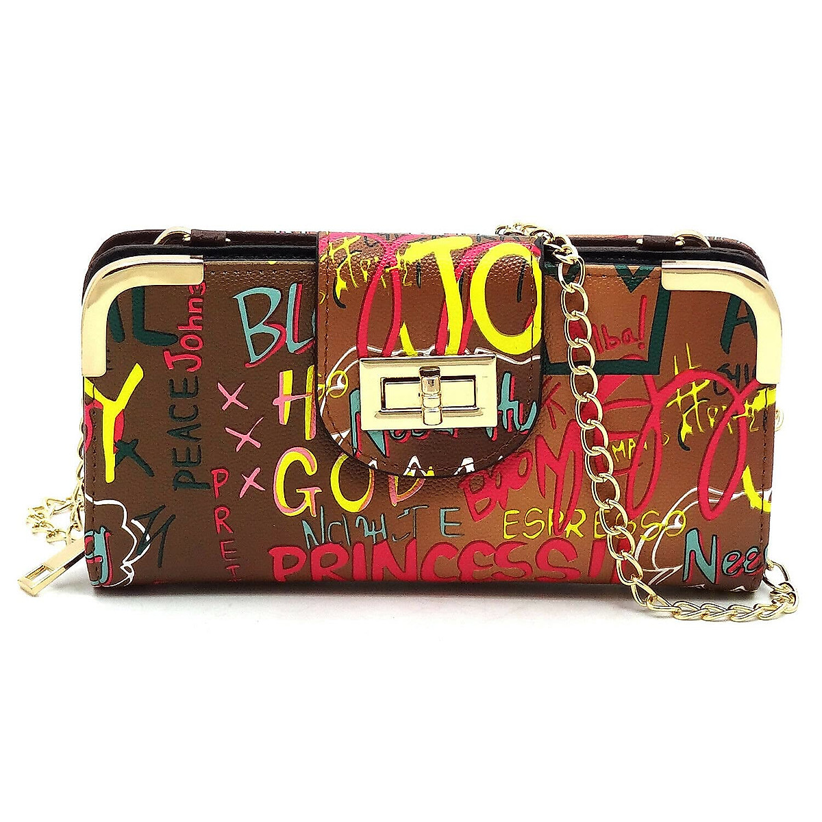 Multicolor Graffiti Printed Cell Phone Purse Wallet Smartphone Crossbody Wallet Travel Multifunction Phone Case Wristlet Clutch Wallet (#B-Tan/Yellow)