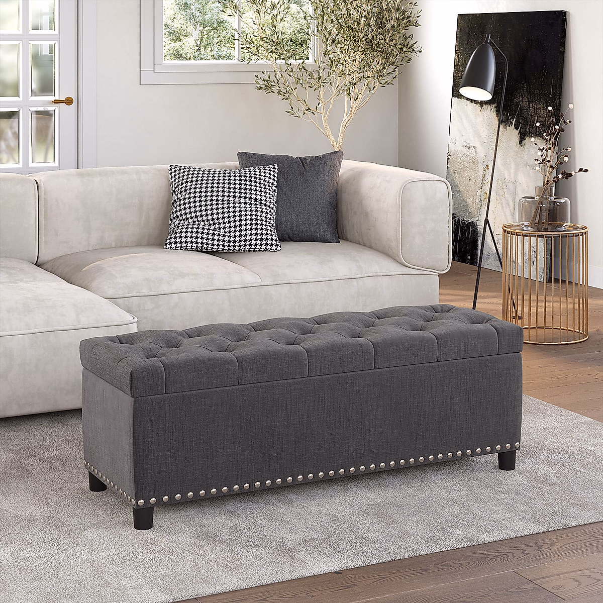 BELLEZE 47 Inch Storage Ottoman, Button-Tufted Ottoman Linen Storage Bench with Safety Close Hinge, Ottoman with Storage for Living Room, Entryway, Hallway, Foot Rest, Support 300lbs - Dark Gray