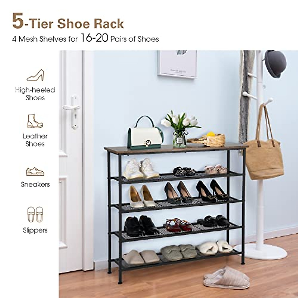COSTWAY Shoe Rack, 5-Tier Free Standing Shoe Storage Organizer with Wooden Top, 4 Metal Mesh Shelves for 16-20 Pairs Shoes, Adjustable Protecting Feet for Entryway, Hallway, Rustic Brown and Black