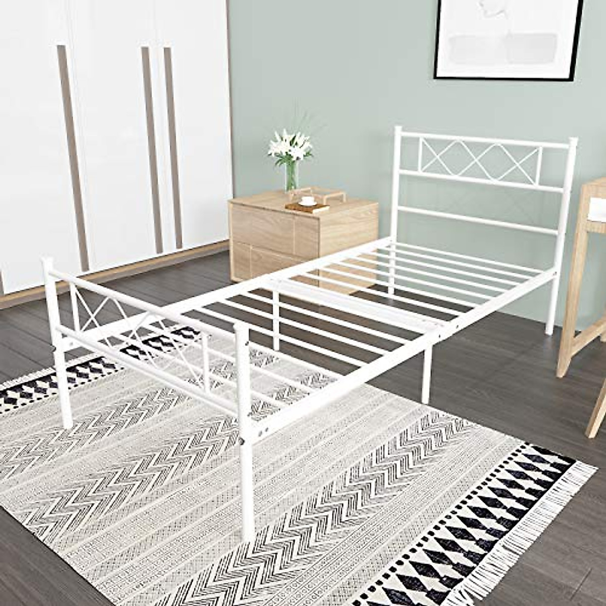 Weehom Metal Twin Bed Platform Frame Heavy Duty Steel Slat Under Bed Storage,White