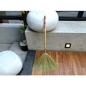 Handmade Asian Broom Natural Bamboo Wood Broomstick for Sweeping, RED or Blue Thai Grass Woven Design Corn Broom & Cover Set