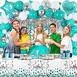 Happy Birthday Decorations Teal Balloon Garland for Girls Birthday Teal and silver Glitter Backdrop Teal Blue Balloons Garland Kit and Teal Dot Disposable Tablecloth