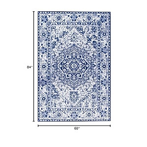 OHWPEAT 5x7 Feet Boho Vintage Living Room Area Rug, Lightweight Non-Shedding Carpet, Hardwearing Stain-Resistant Machine Washable, Non-Slip Rug for Bedroom Office Dining Room Kids Room, Blue Rugs