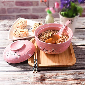 Whitenesser Ceramic Bowl with lids, Japanese Big Ceramic Ramen Bowl with Lid for Soup Rice Noodle and Porridge (Pink Flower