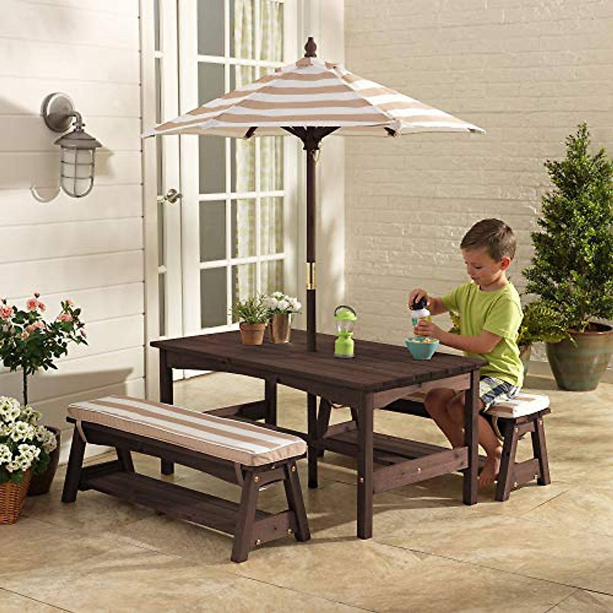 KidKraft Outdoor Wooden Table & Bench Set with Cushions and Umbrella, Kids Backyard Furniture, Espresso with Oatmeal and White Stripe Fabric, Gift for Ages 3-8