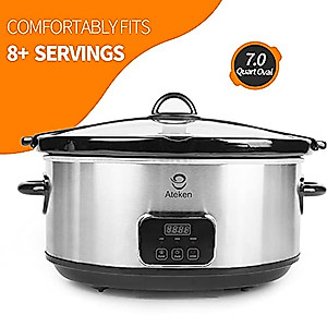 Ateken Slow Cooker 7 Quart Crock Digital Programmable with Clip-tight Lid for Easy Transport Stainless Steel Set Silver