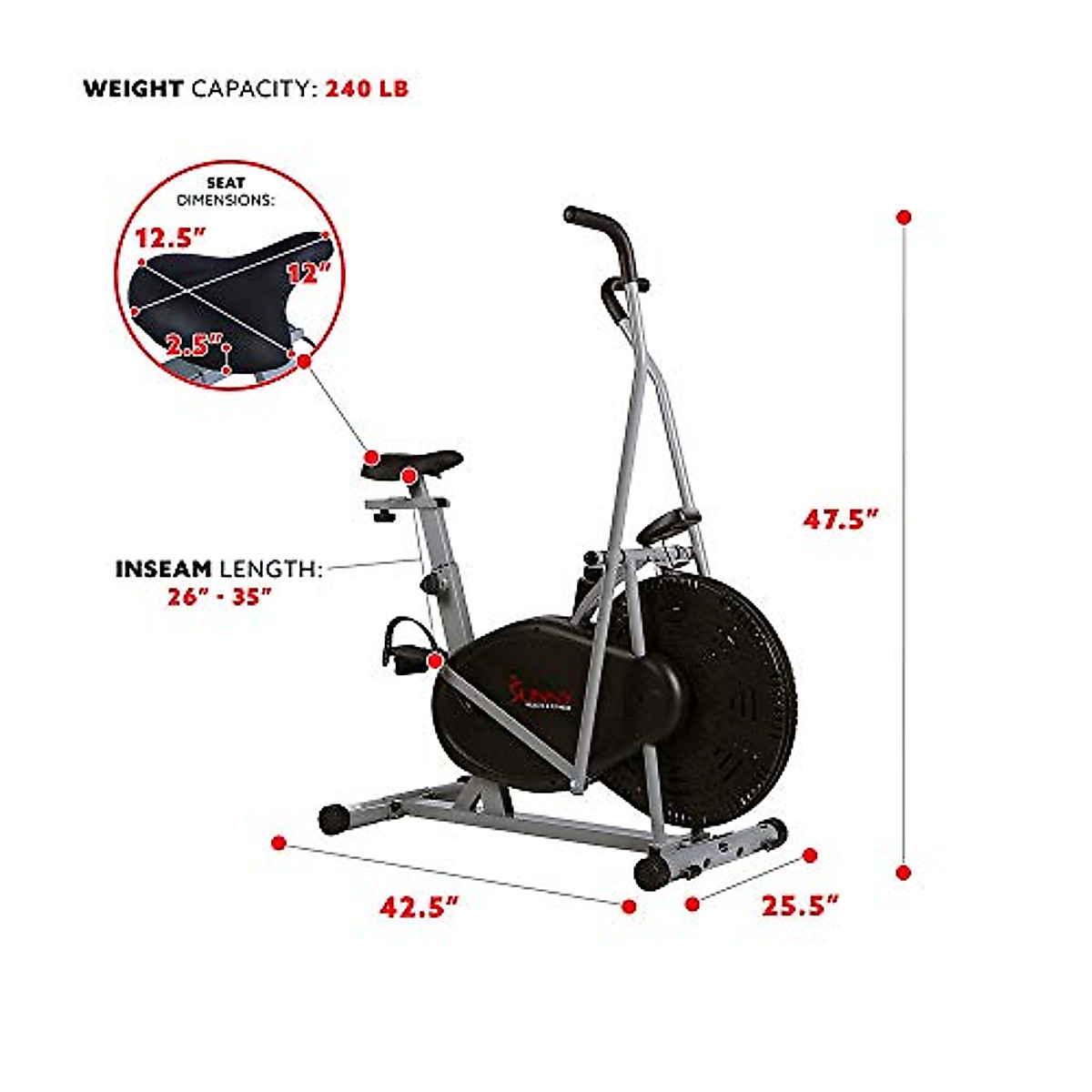 Sunny Health & Fitness Air Resistance Hybrid Fan Bike - SF-B2618, Gray