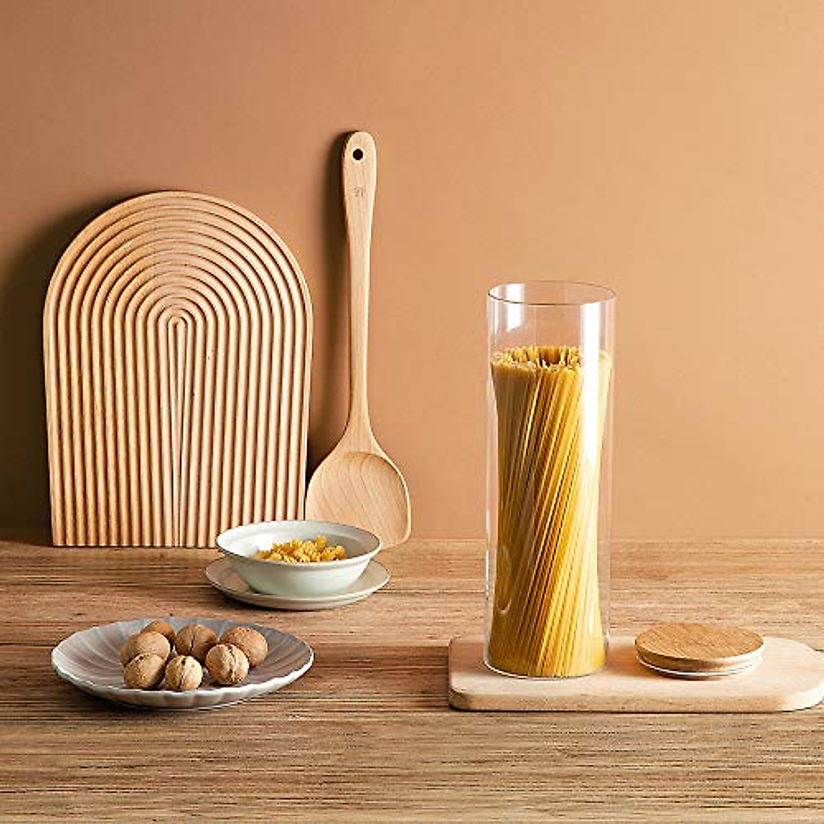 ComSaf Glass Spaghetti Pasta Storage Container with Lids 74oz Set of 3, Tall Clear Airtight Food Storage Jar with Bamboo Cover Kitchen Pantry Storage Container for Noodles Flour Cereal Coffee Beans