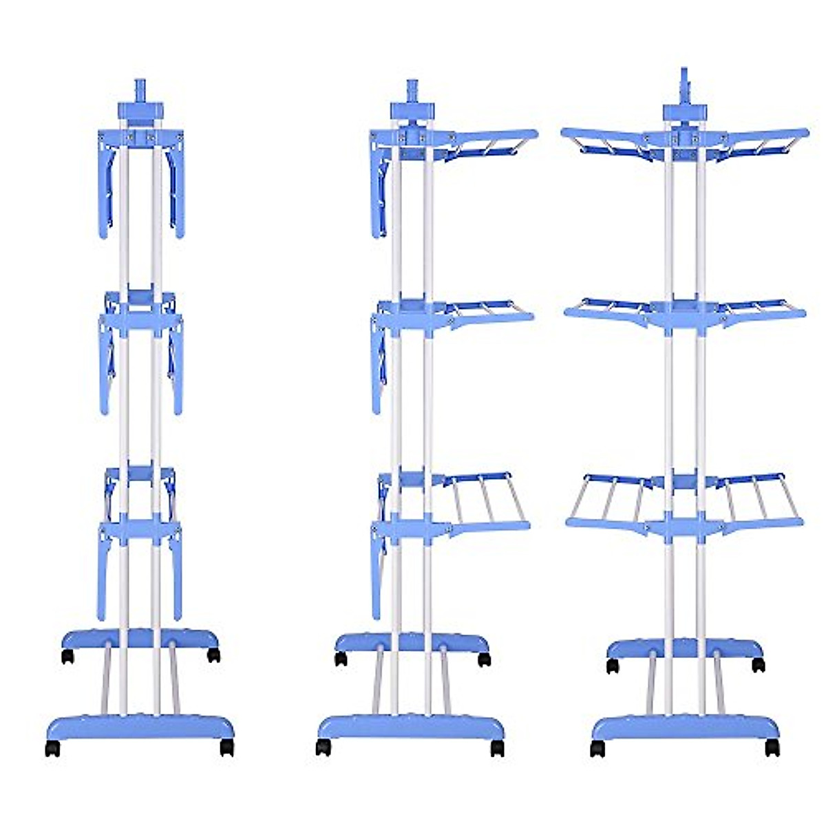 Aquaterior Folding 3 Tier Clothes Drying Rack Rolling Collapsible Garment Laundry Dryer Hanger Stand Rail with Two Side Wings Indoor Blue