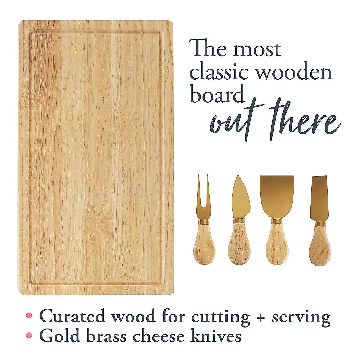 Cheese Board Wood Platter with Gold Brass Cheese Knife Set and Bonus Paper Decorations, Whitewash Wooden Charcuterie Server with Golden Knives (Cheese Board with Utensils and Paper Decor)