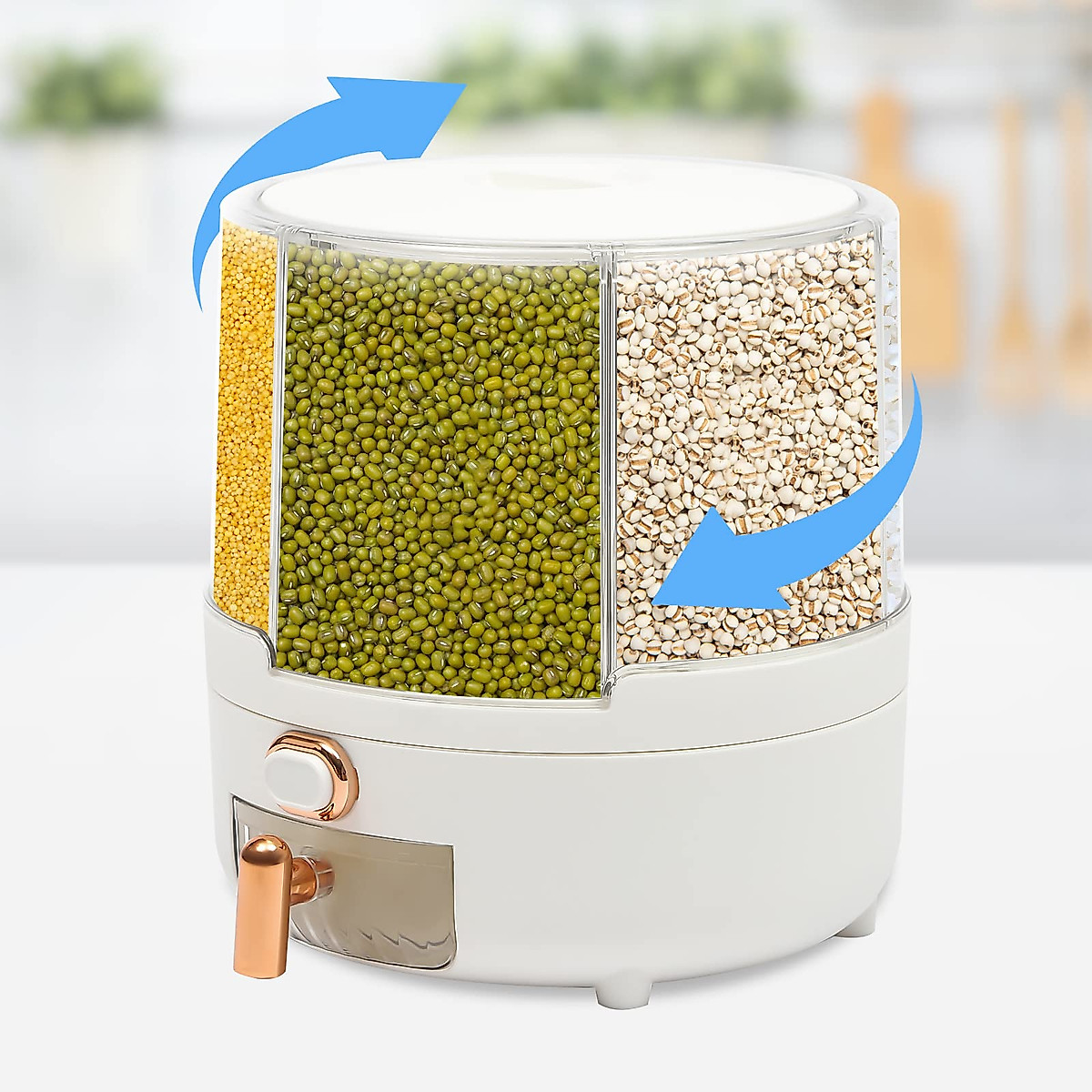 BANLICALI 6 Grid Rice Dispenser, 360° Rotating Dry Rice Dispenser PET PP Kitchen Grain Storage Container with Anti-slip Pads for Store Rice and Beans White+Clear (medium)