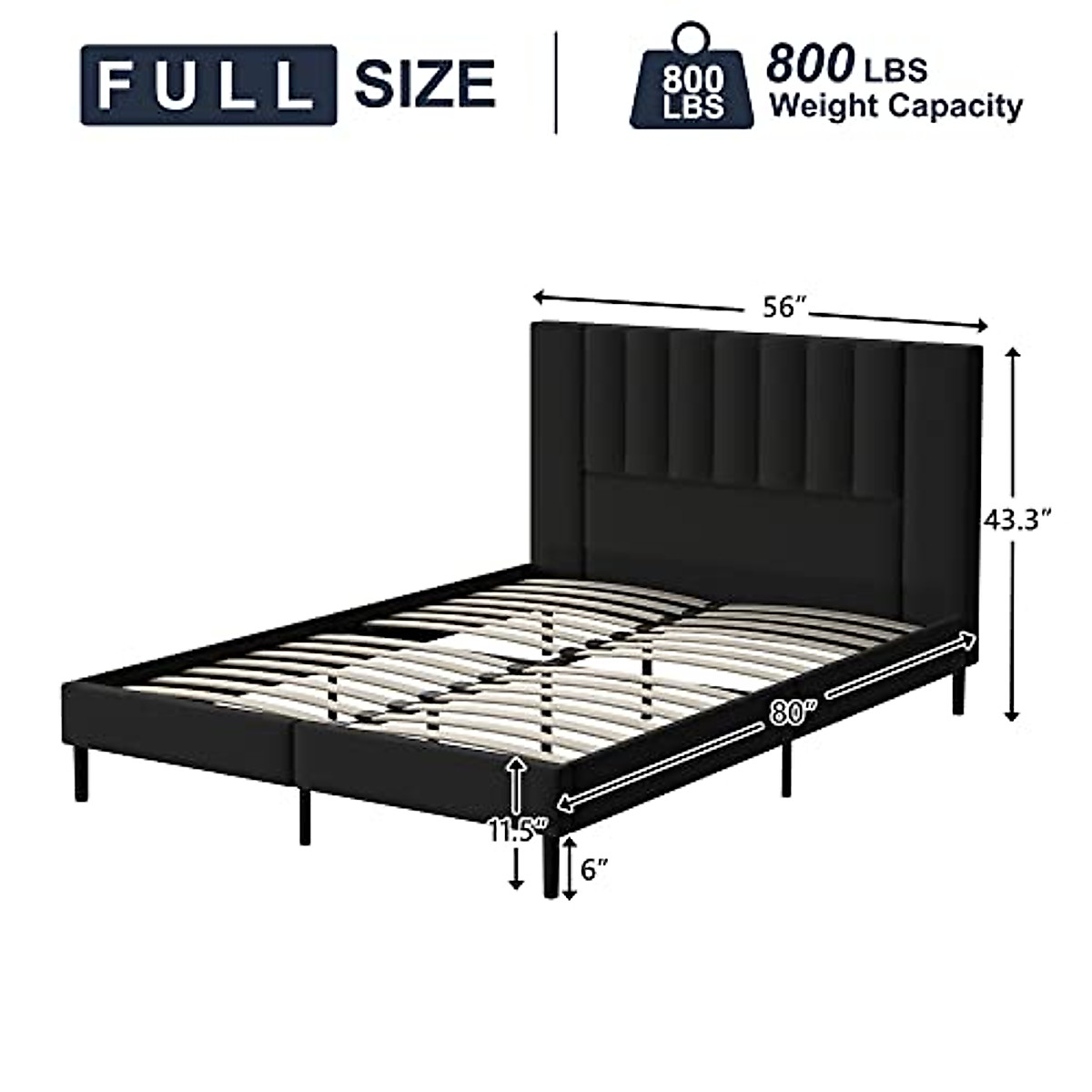 Flolinda Full Size Platform Bed Frame with Velvet Upholstered Headboard and Wooden Slats Support, Fully Upholstered Mattress Foundation/No Box Spring Needed/Easy Assembly, Black