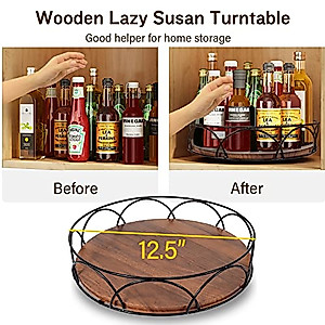 12.5" Wooden Lazy Susan Turntable, Kitchen Table Top Spice Organizer with Steel Frame, 360 Degree Rotating Lazy Susan Tray for Countertop, Cabinet, Dining Table, Bathroom
