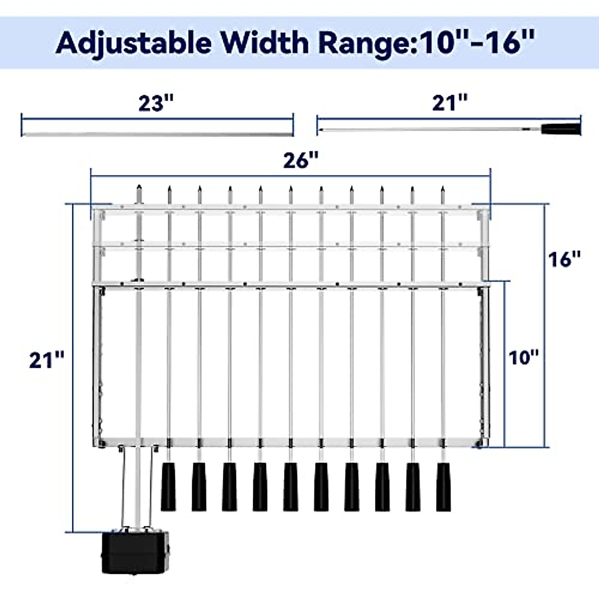 Skyflame Shish Kabob Skewers Set with Adjustable Speed Electric Motor, Stainless Steel Adjustable Length Automatic Rotating Rotisserie BBQ Grill Rack Kit with 10pcs Skewers for Most Grills