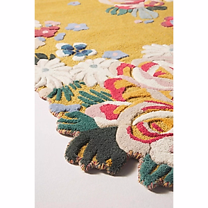 Handmade Pink and Red Yellow Roses Irregular Shape and Oval Shape Multicoloured Floral Wool Area Rug for Living Room, Dining Room and Office (Yellow, 3' x 5')