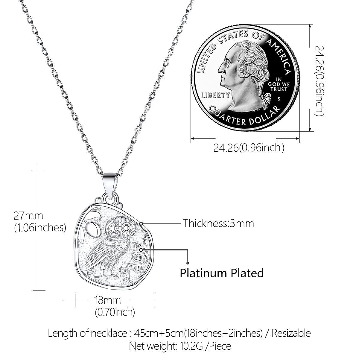 FOCALOOK Athena and her Owl,Goddess of Wisdom,Mark of Athena,Greek Coins,Greek Mythology Sterling Silver Coin Pendant Necklace
